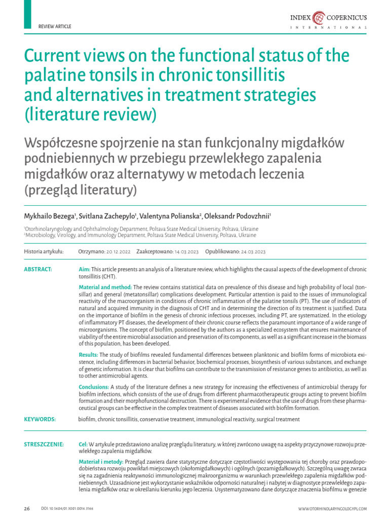 Current View On Functional Status of PalatineTonsils in Chronic ...