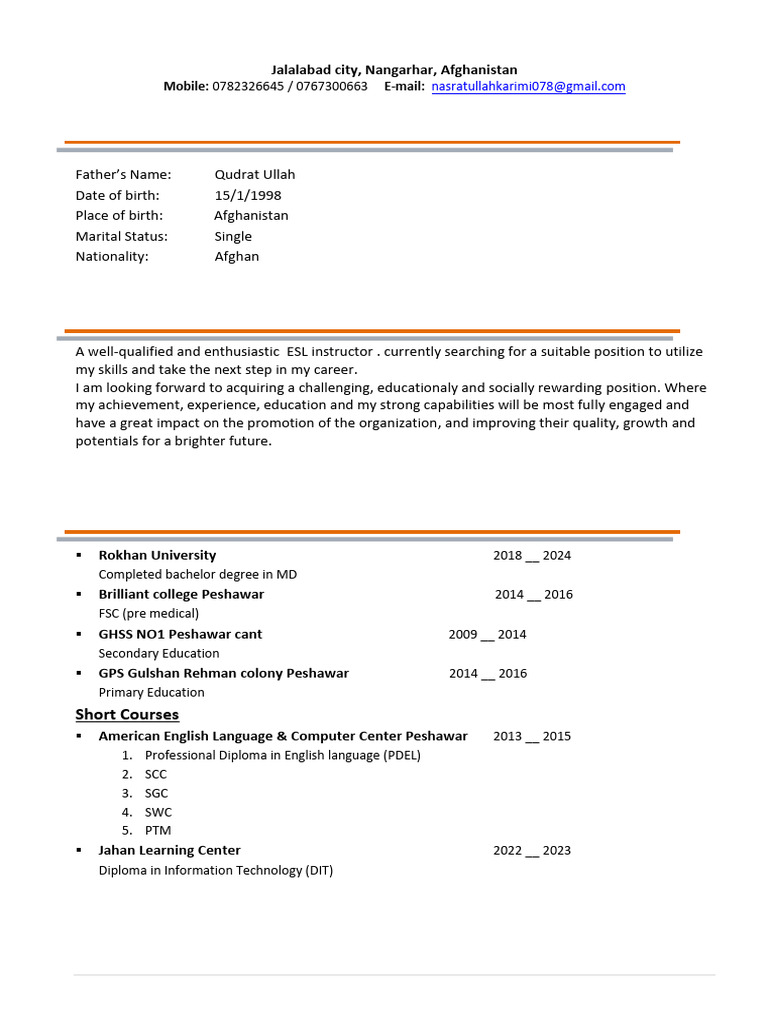 Nasrat - CV - For - ESL Instructor2 | PDF | Learning | Cognition