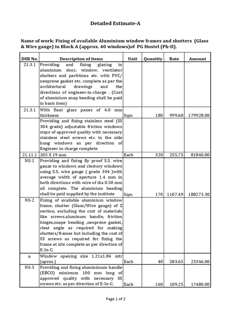 Schedule of Quantity - A - NIQ-172 | PDF | Window | Manufactured Goods
