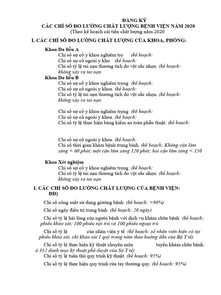Danh Sach Dang Ky Chi So Chat Luong Benh Vien 2020 | PDF