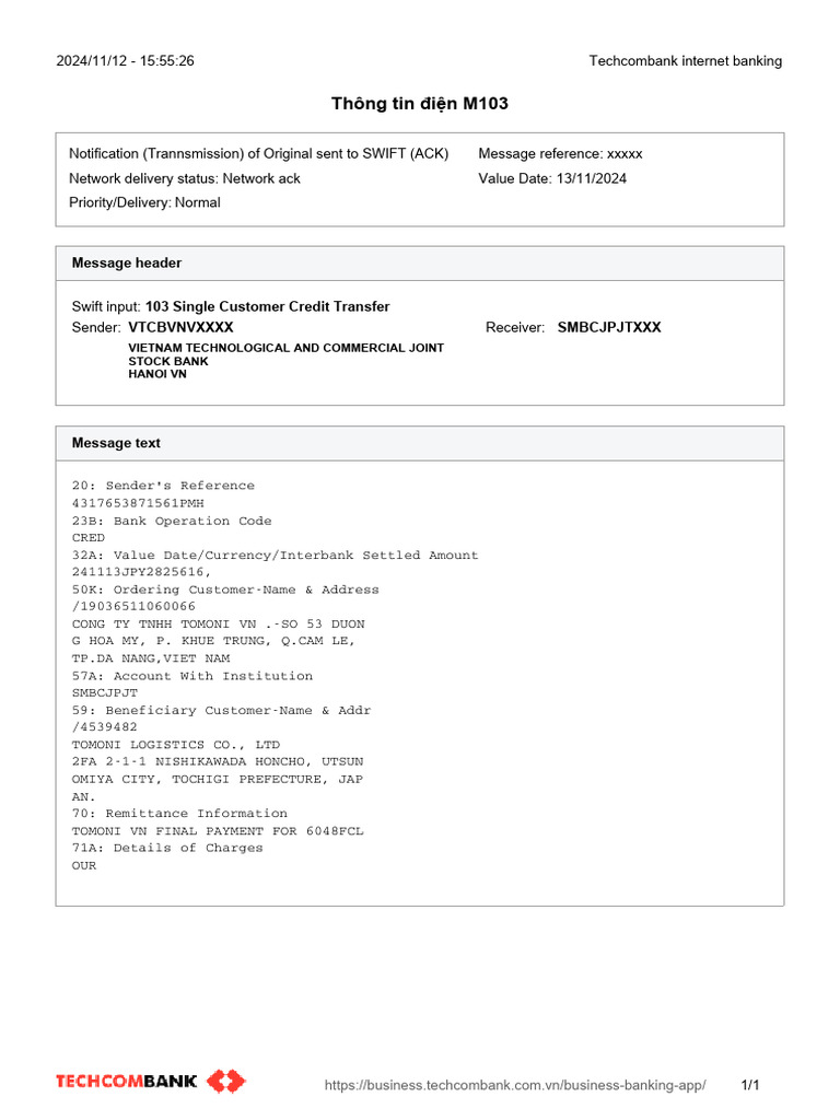 MT103 Funds - Transfer FT24317653871561 12112024 | PDF