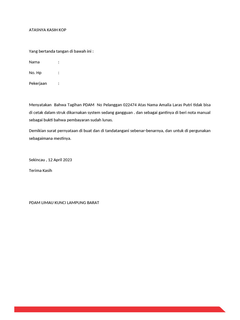 Surat Pernyataan Pdam | PDF