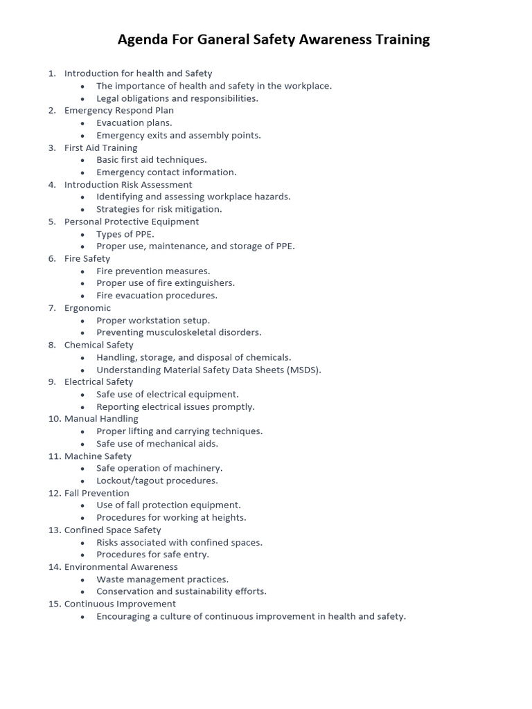Agenda For Ganeral Safety Awareness Training | PDF