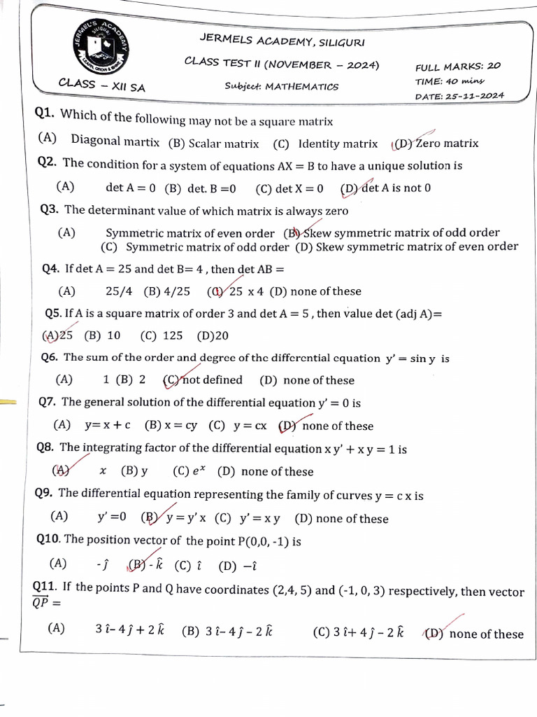 XII SA CT2 Maths Answers | PDF | Matrix (Mathematics) | Linear Algebra