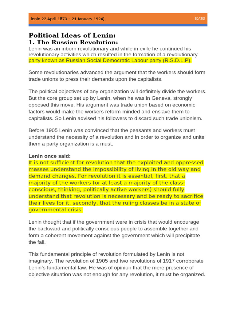 Political Ideas of Lenin | PDF | Vladimir Lenin | Marxism