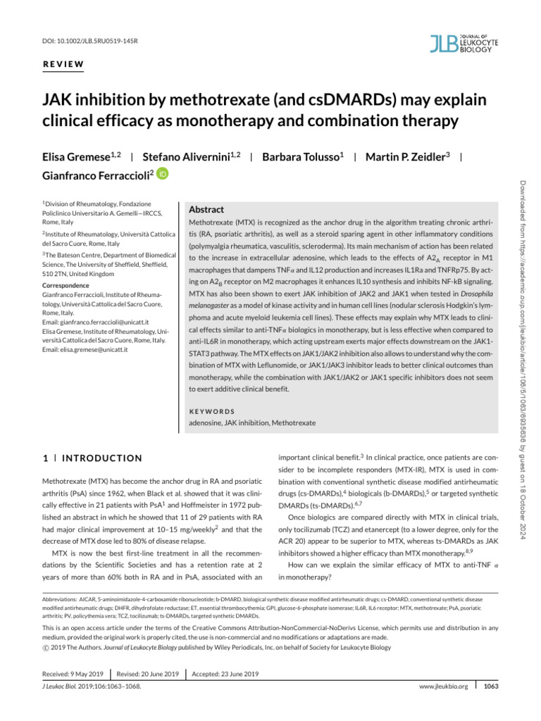 JAK Inhibition by Methotrexate (And CsDMARDs) May Explain Clinical Efficacy As Monotherapy and ...