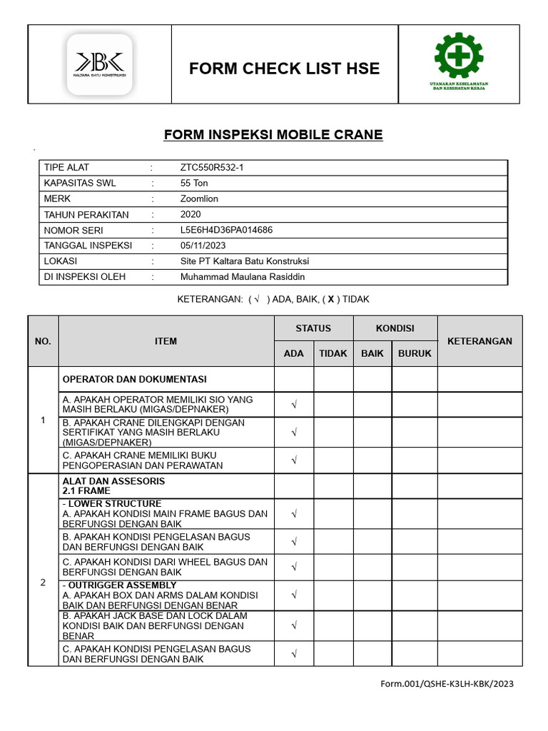 Form Inspeksi Mobile Crane | PDF