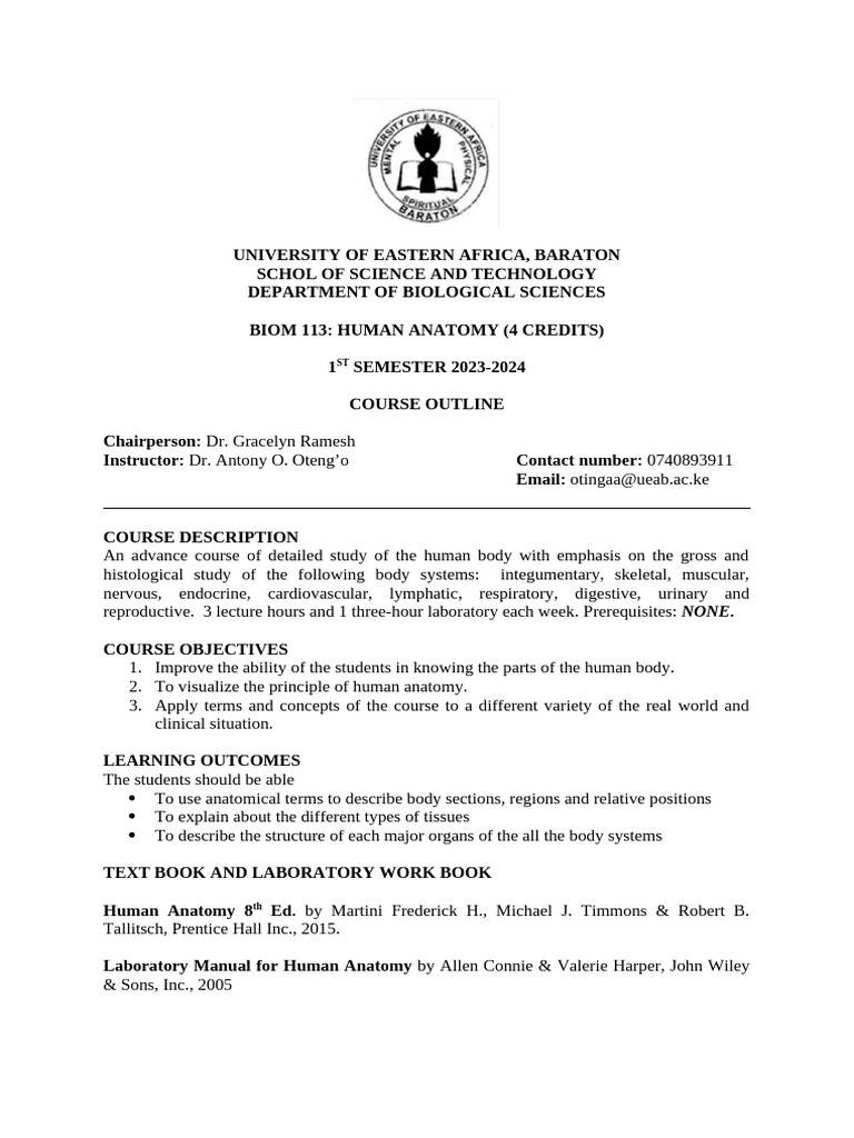 BIOM113 Human Anatomy Course Outline | PDF | Muscle | Human Body