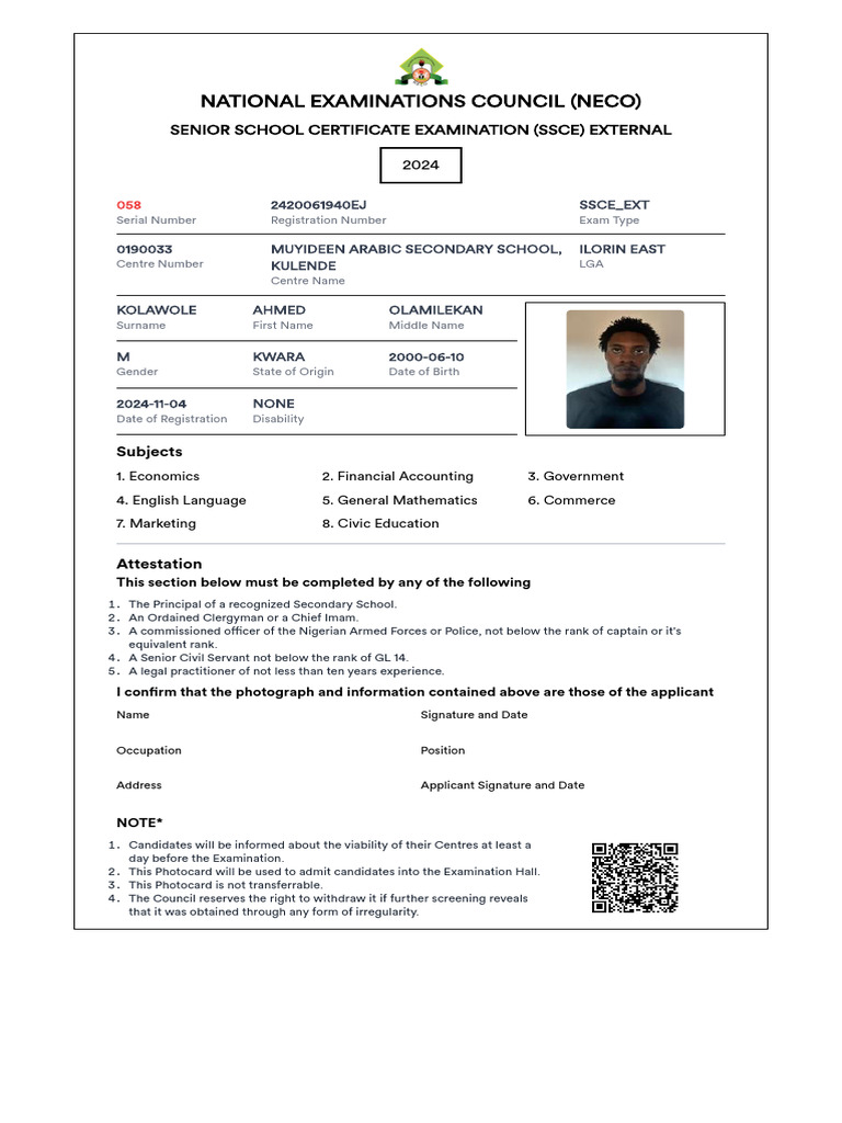 Ssce Ext Photocard Ahmed Kolawole | PDF