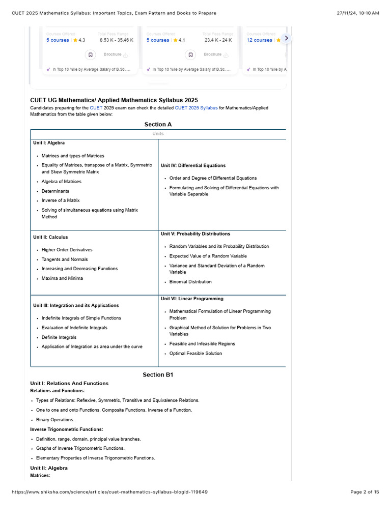 Cuet 2025 Mathematics Syllabus Important Topics Exam Pattern And
