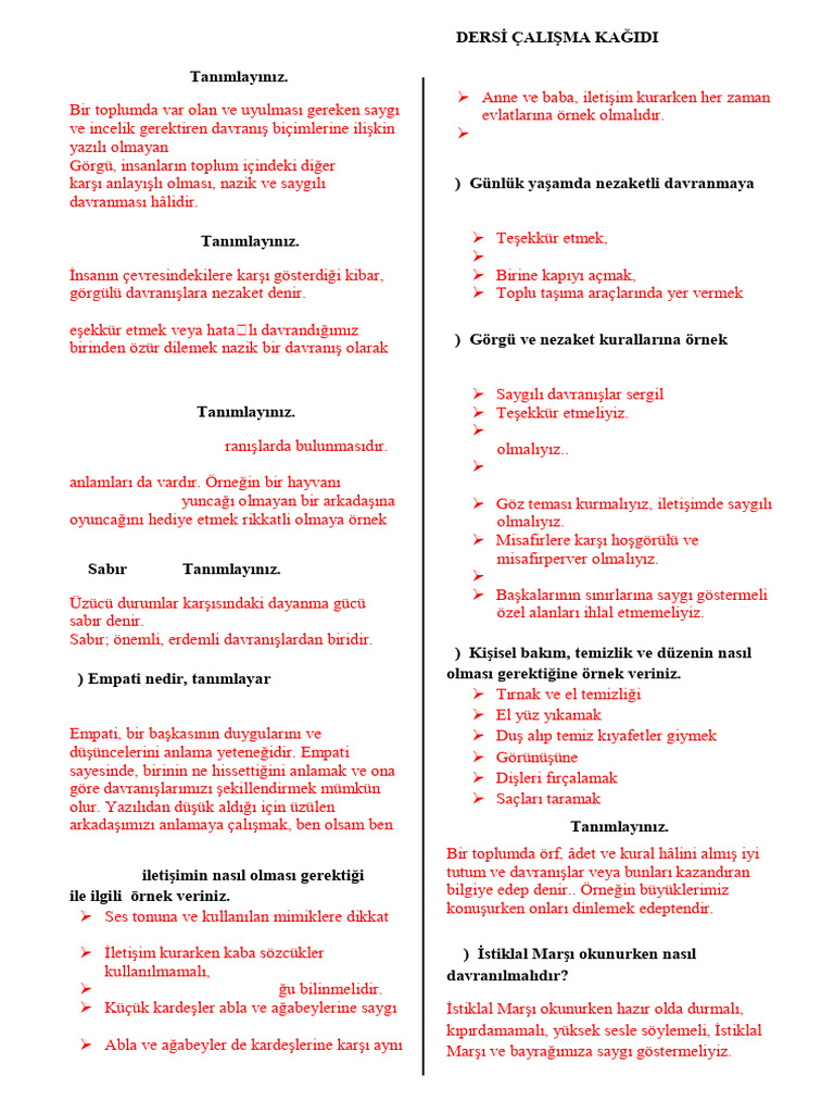 PDF-görgü Kurallari Ve Nezaket Çalışma Kağıdı | PDF