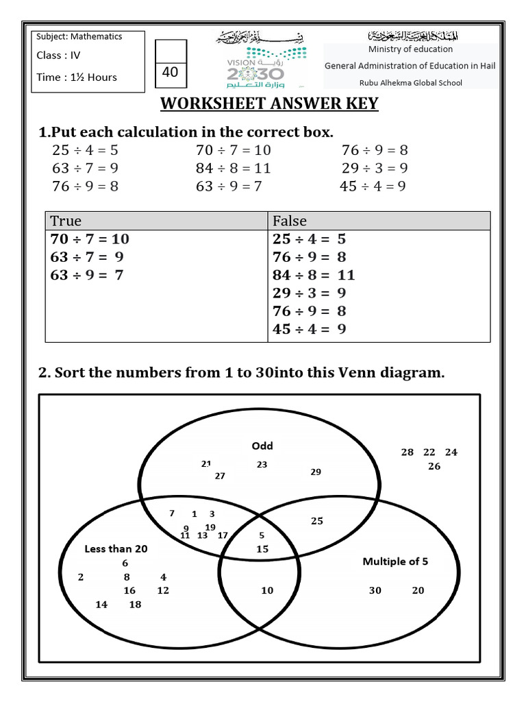 IV MATHEMATICS Worksheet - Answer Key | PDF | Mathematics