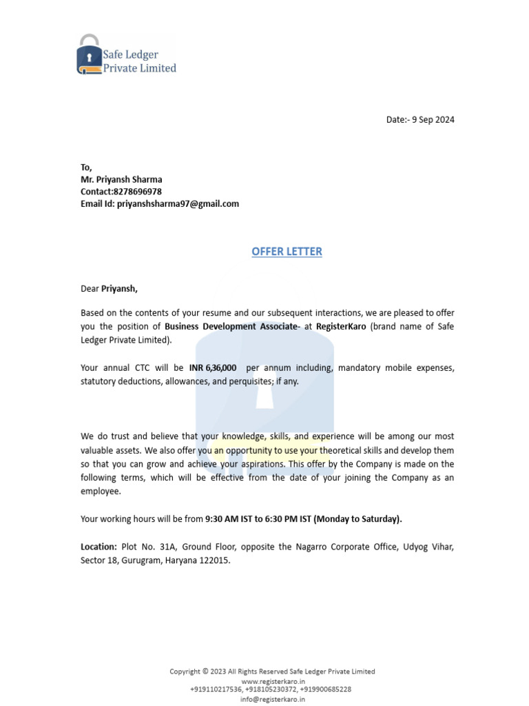 Offer Letter for Business Development Associate | PDF | Business
