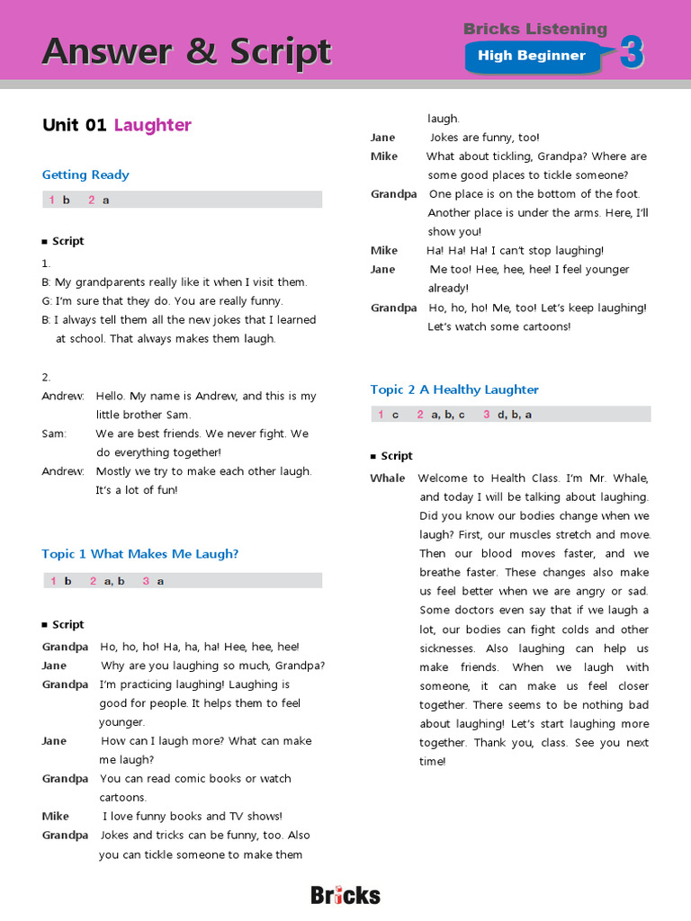Bricks HB Listening 3 Key and Script | PDF | Laughter | Jokes