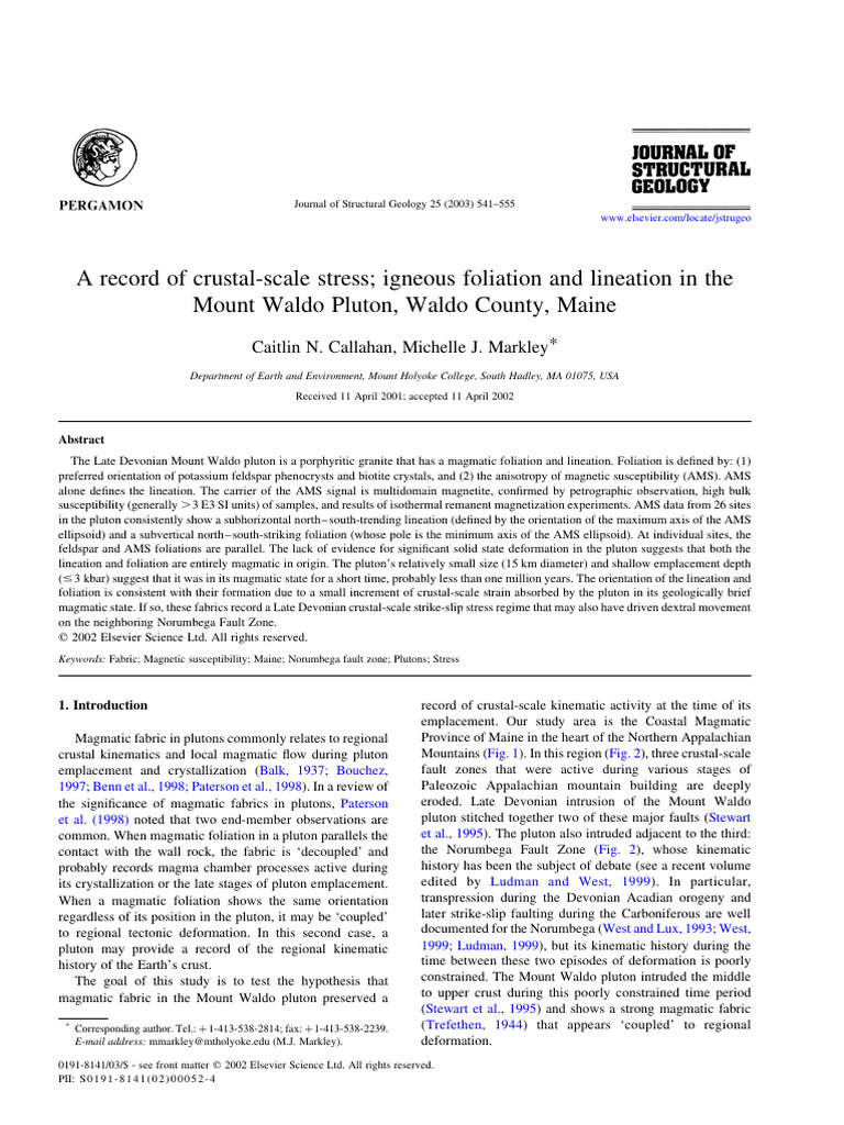 A Record of Crustal Scale Stress Igneous Foliation and Lineation in The Mount Waldo Pluton Waldo ...