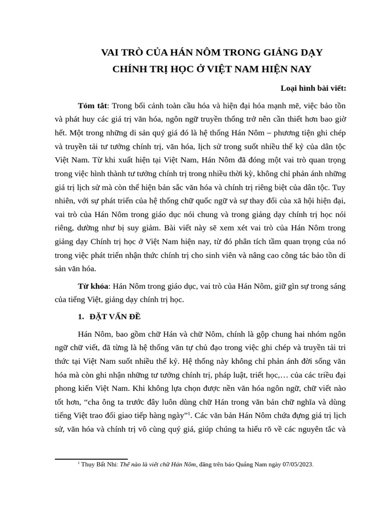 Vai Trò Của Hán Nôm Trong Giảng Dạy Chính Trị Học ở Việt Nam Hiện Nay | PDF