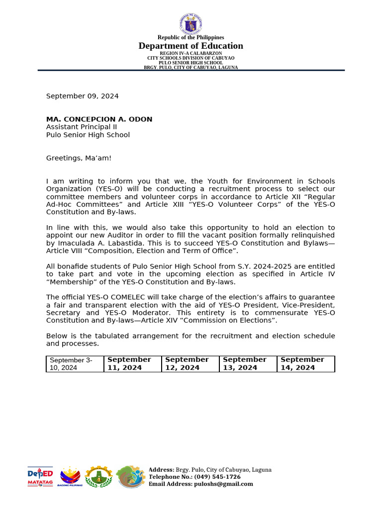 YES O Letter For Recruitment and Election S.Y. 2024 2025 | PDF ...