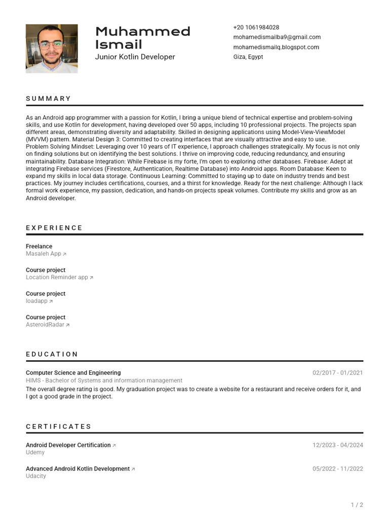 Muhammed Ismail - Junior Kotlin Developer - Resume | PDF | Android ... Muhammed Ismail - Junior Kotlin Developer - Resume | PDF | Android ...