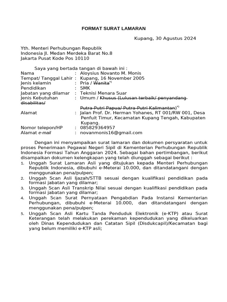 Format Surat Lamaran 2024 | PDF