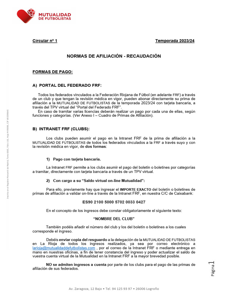 Circular N 1 Normas de Afiliaci N Recaudaci N T 2023 24 | PDF | Asociación de competiciones de ...