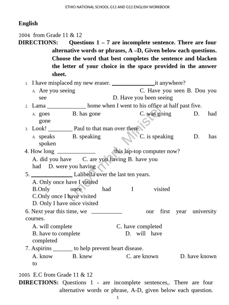 @TMHRT - Minister Work Book-English-grade 11&12 | PDF | Question | English Language