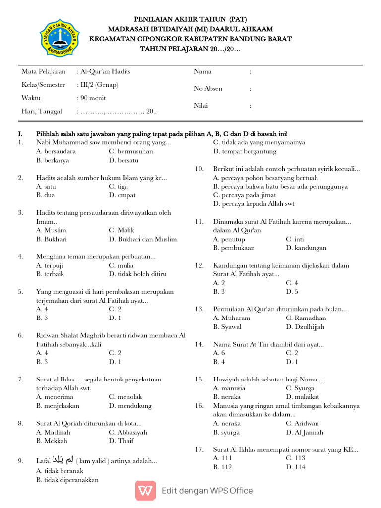 PAT Qurdis Kelas 3 | PDF