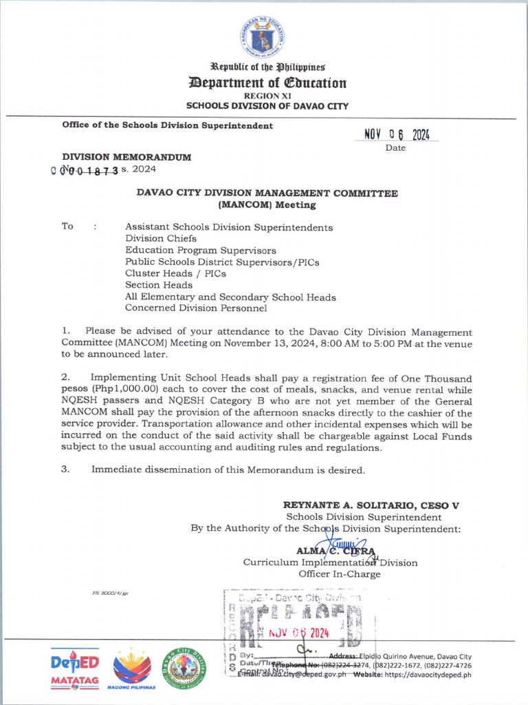 2024-Dm No. 1873 - Davao City Division Management Committee (Mancom ...