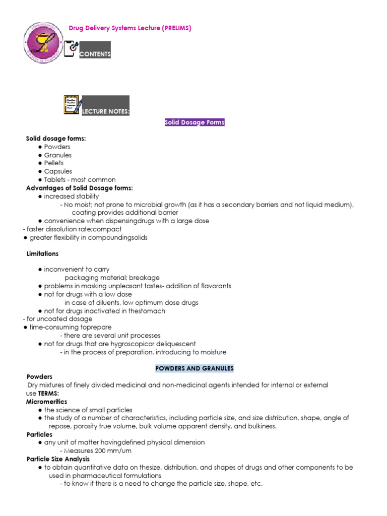 Dds Lec Handout 2 0 Pdf Tablet Pharmacy Pharmaceutical Formulation