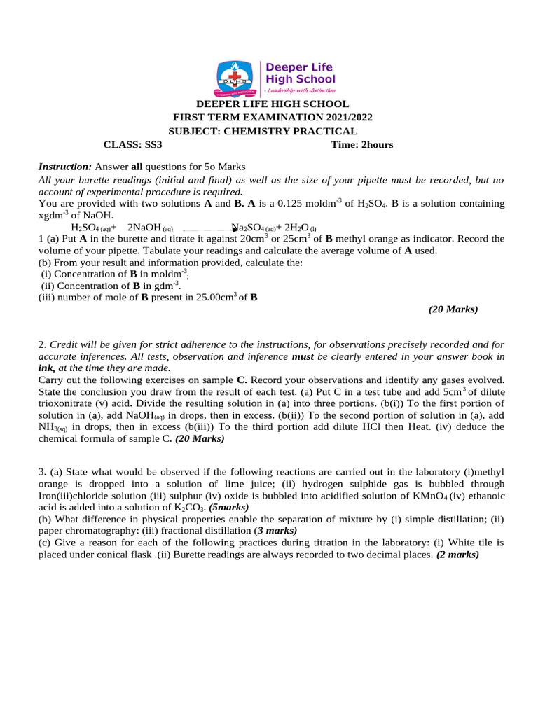 SS3 First Term Chemistry Practical 2021 | PDF | Titration | Chemistry