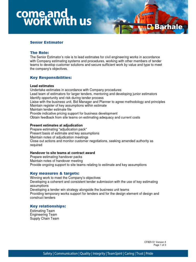 Senior Estimator | PDF | Employment | Civil Engineering