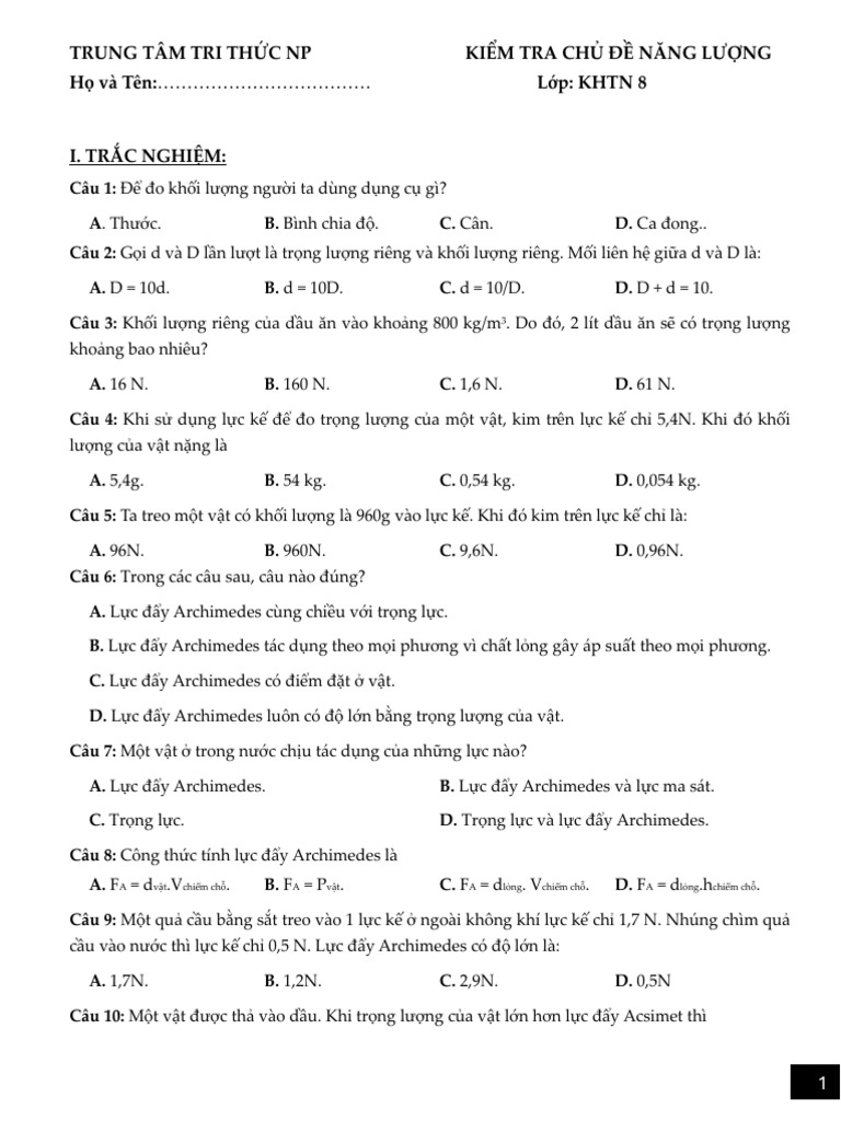 (50 Bản) KIỂM TRA KHOÁ 1 - KHTN 8 | PDF