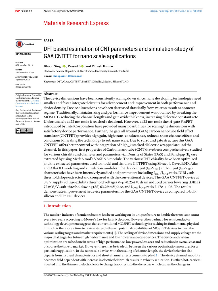 DFT Based Estimation of CNT Parameters and Simulat | PDF | Carbon ...