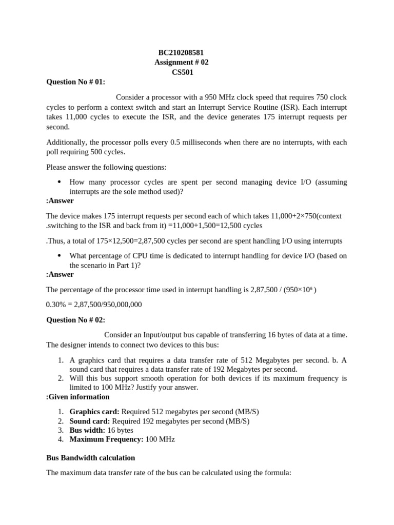 Spring 2024 - CS501 - 2 - BC210208581 | PDF | Input/Output | Central Processing Unit