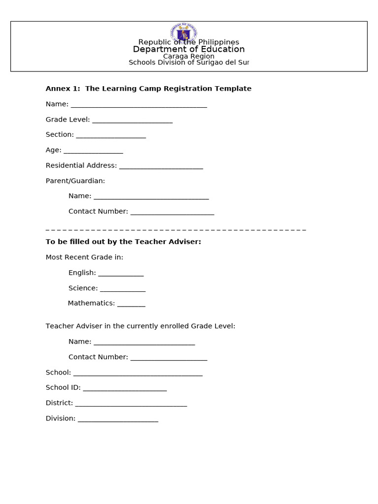 NLC Form 4 Learning Camp Registration Template | PDF