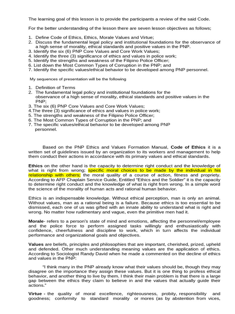 Lesson 1.2 PNP Professional Code of Conduct and Ethical Standards | PDF ...