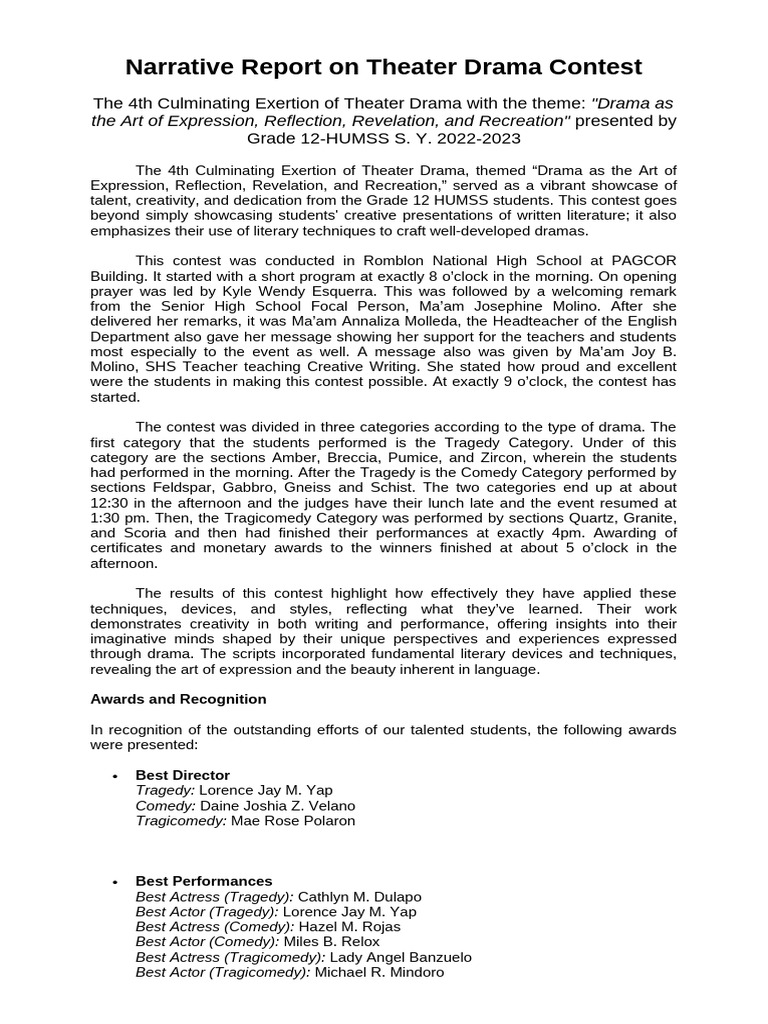 Grade 12 Theater Drama Contest Report | PDF
