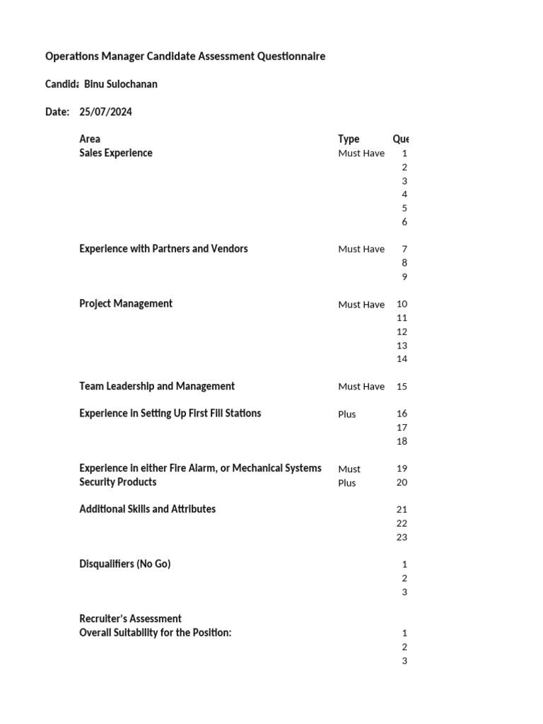Candidate Questionnaire - Operations | PDF | Project Management | Business