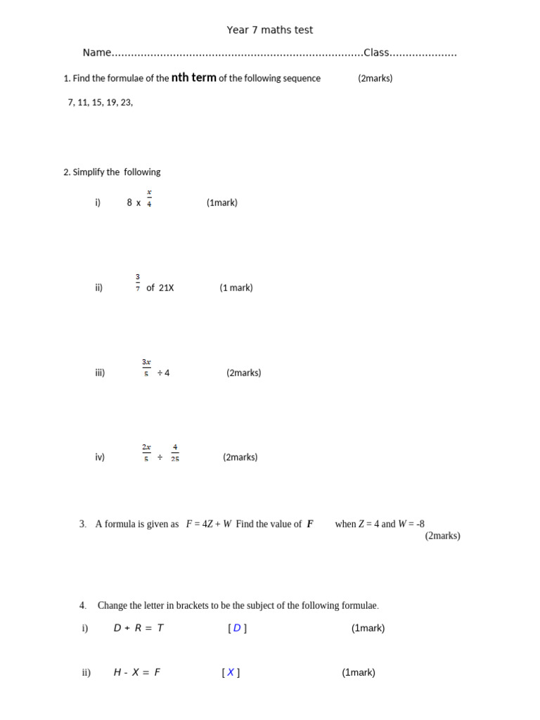 Year 7 Test Maths | PDF
