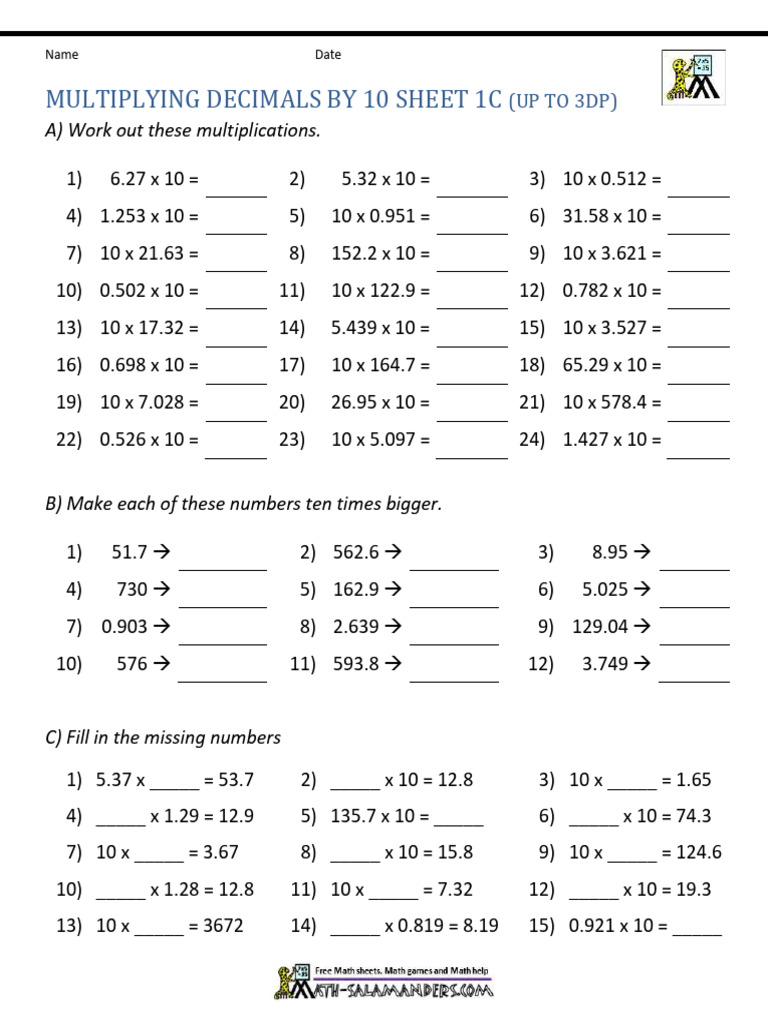Multiplying Decimals by 10 1c | PDF | Arithmetic | Mathematics