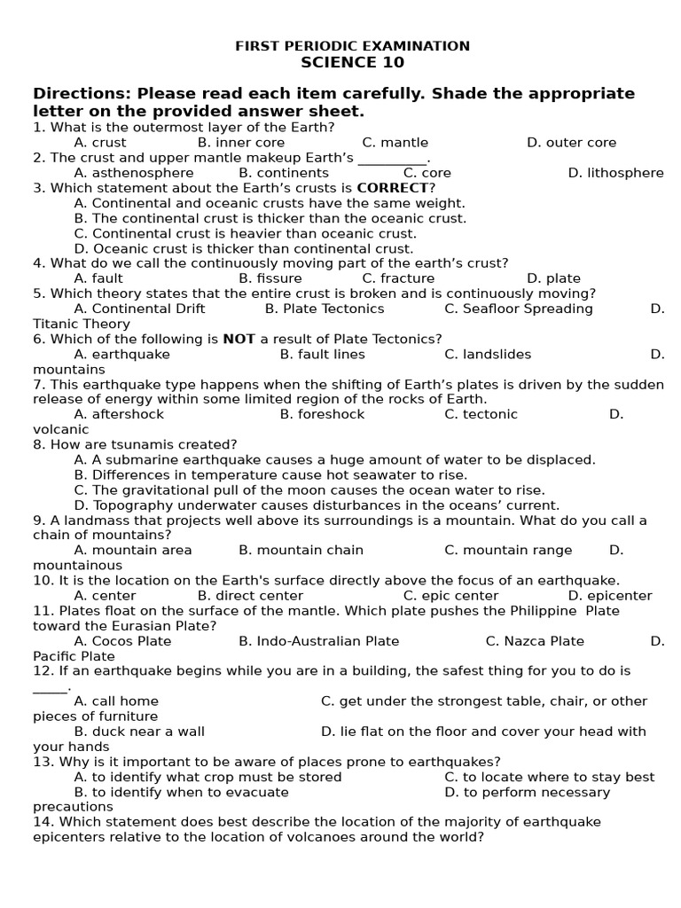 First Periodic Examination | PDF | Plate Tectonics | Crust (Geology)
