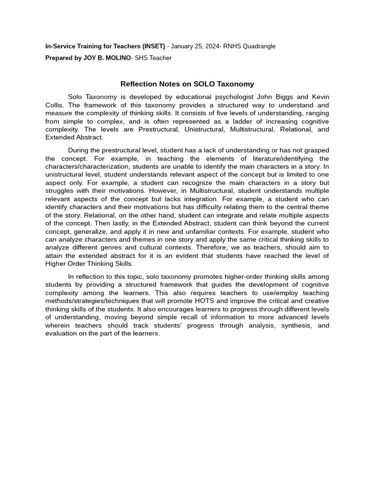 SOLO Taxonomy Reflection for Teachers | PDF | Critical Thinking ...
