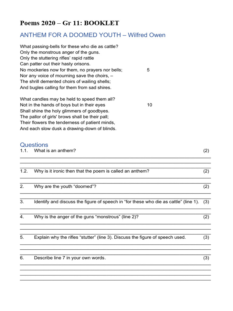 Grade 11 Poetry Analysis Booklet | PDF