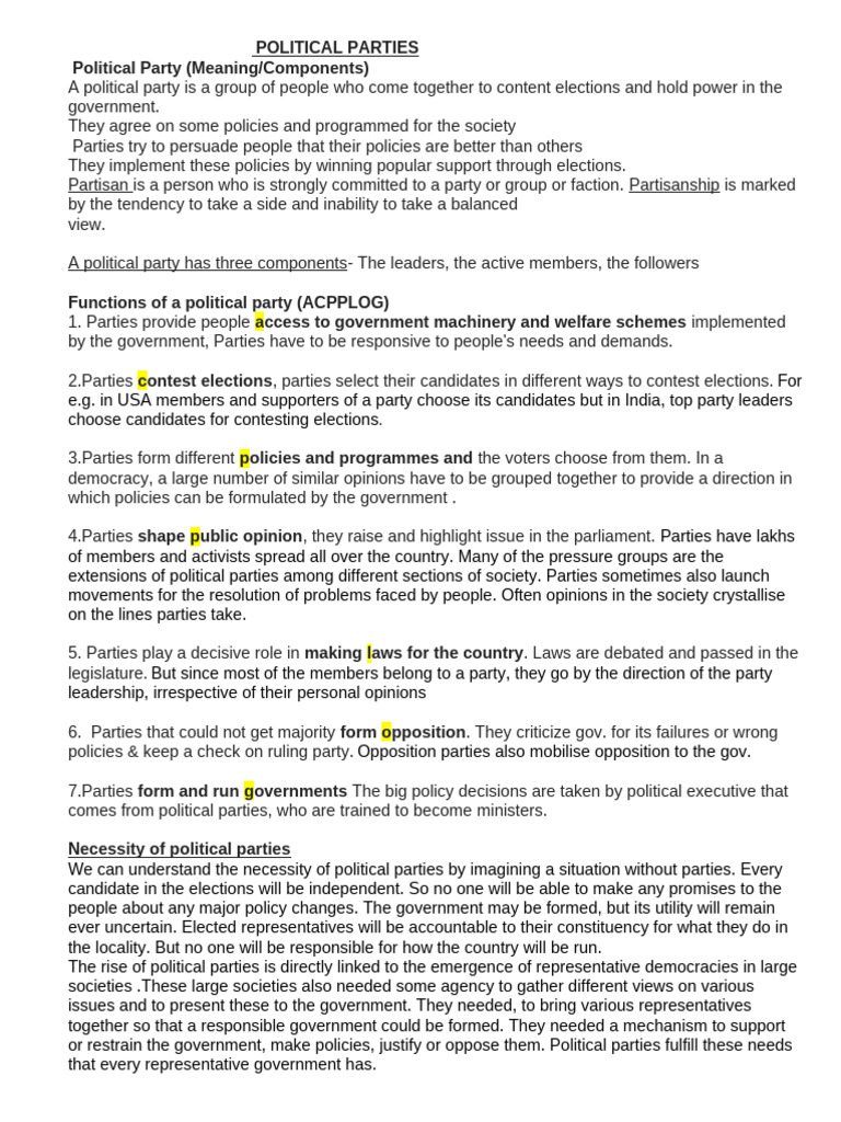 L 6 POLITICAL PARTIES Notes NEW | PDF | Political Parties | Elections