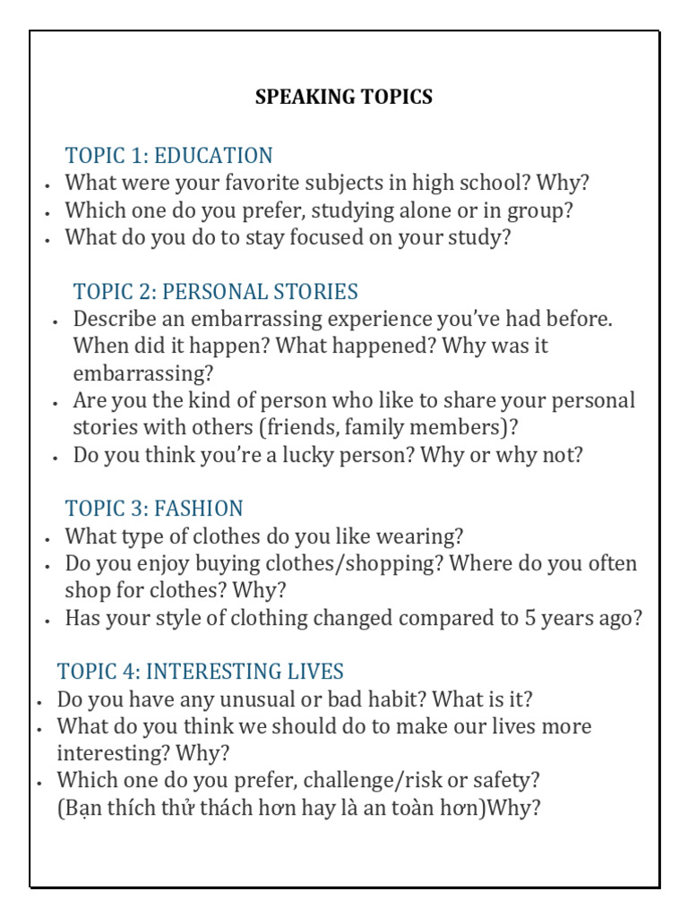 Speaking Questions TA3 | PDF