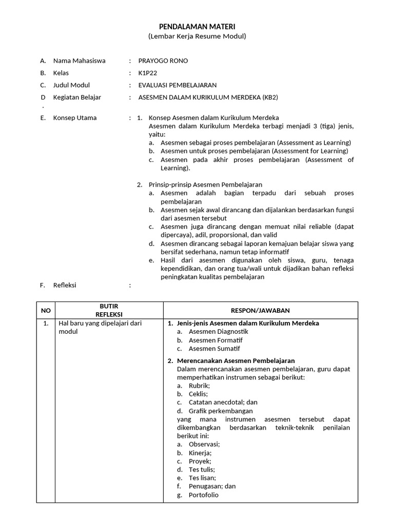 CONTOH LK RESUME Modul 2 KB2-EVALUASI PEMBELAJARAN | PDF