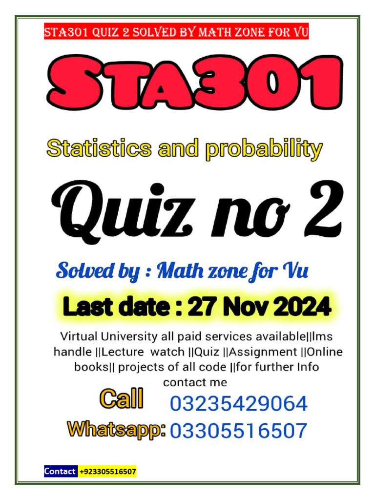 Sta301 Quiz 2 Solved by Math Zone For Vu | PDF