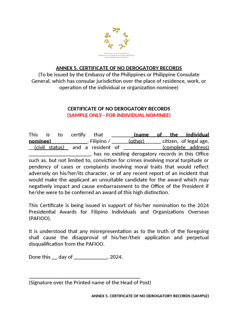 Annex 5. Certificate of No Derogatory Records - Samples For Individual ...