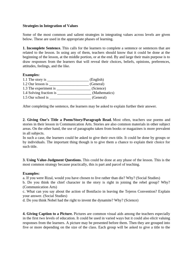 Strategies in Integration of Values 2 | PDF | Learning | Behavior ...