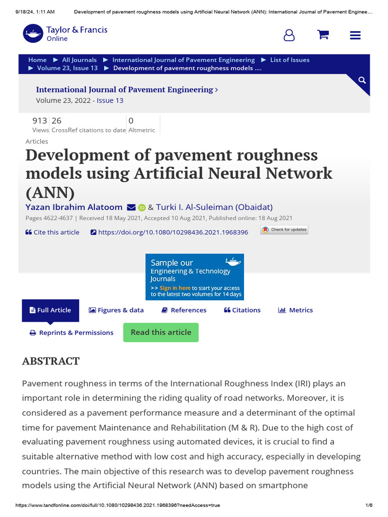 Development of Pavement Roughness Models Using Artificial Neural Network (ANN) | PDF ...