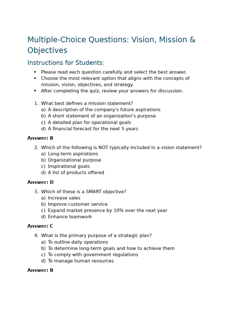 S1, After-Class, Multiple-Choice Questions - Vision, Mission ...